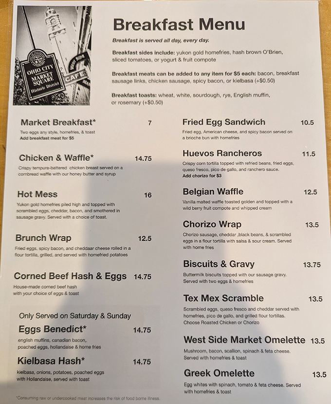 A menu that speaks the universal language of comfort. Breakfast all day is less a policy and more a philosophical stance on how life should be lived.