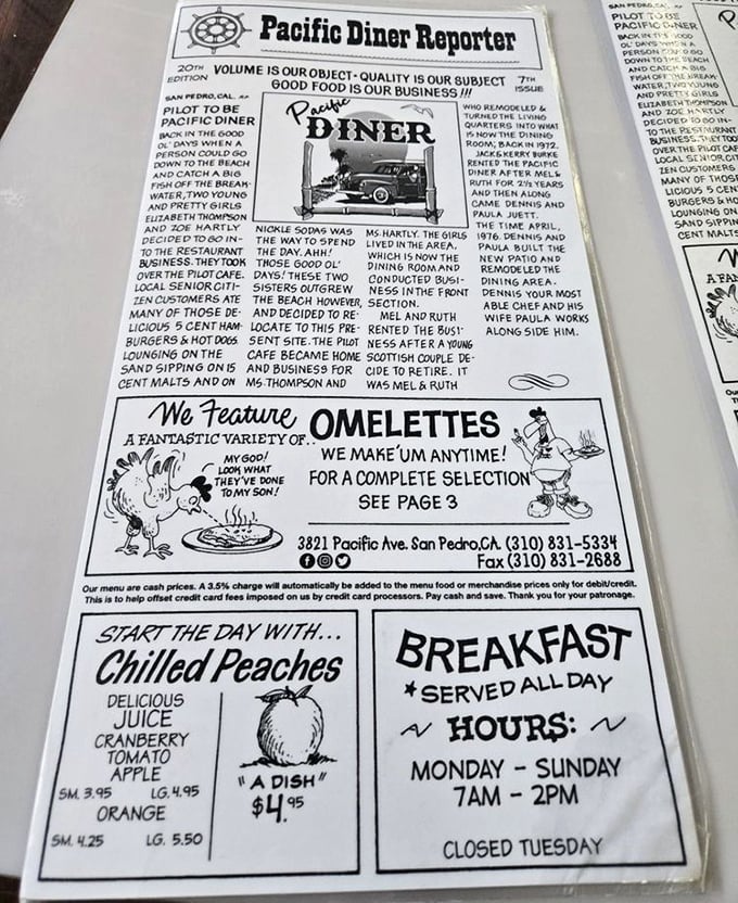 The "Pacific Diner Reporter" isn't just a menu – it's a time machine disguised as a newspaper, complete with local history and omelet propaganda.