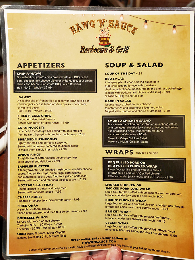 This menu isn't just a list of options&mdash;it's a roadmap to happiness. The "Chip-A-Hawg" alone is worth the drive.