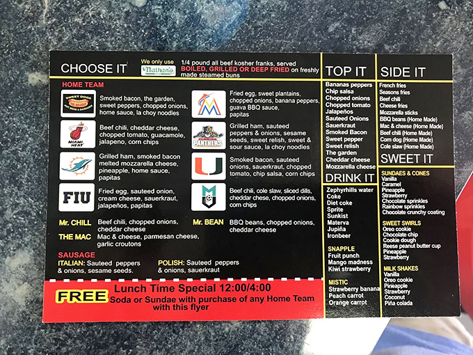 The menu board is a roadmap to hot dog nirvana, with each "Home Team" option representing a different Miami sports franchise and flavor adventure.