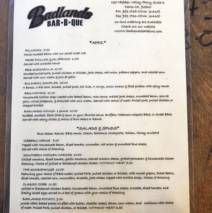 A menu that reads like a love letter to smoked meat enthusiasts, with "Pig Candy" leading the charge. Need I say more?