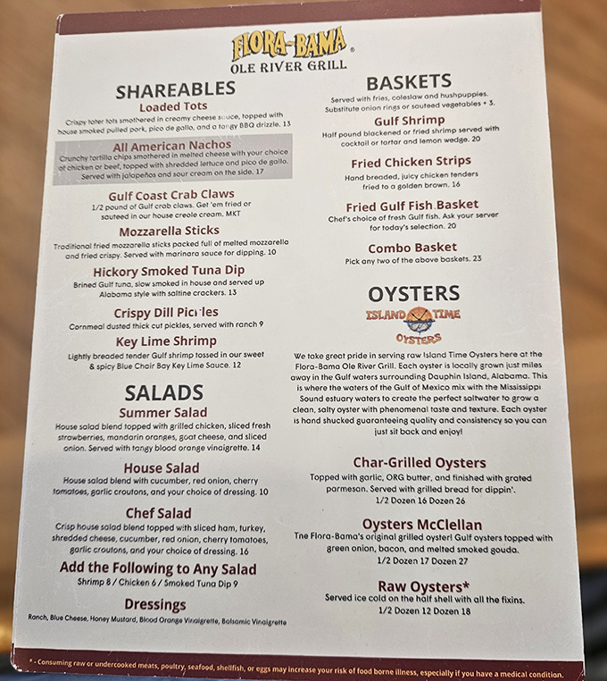 The menu reads like a love letter to Gulf Coast cuisine, from loaded tots to fresh-caught oysters, each dish telling a story of local waters and traditions.