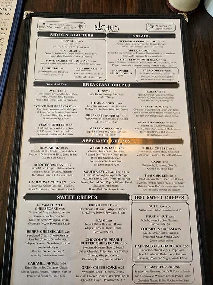 A menu that makes decisions delightfully difficult. Each crepe option reads like a mini culinary adventure waiting to unfold.