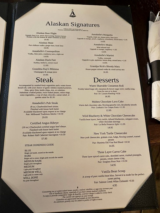 The menu reads like a love letter to Alaska's waters &ndash; notice how they pair wines with desserts? That's not just thoughtful, that's civilization.