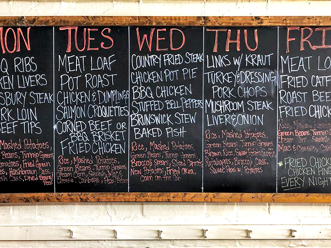 The legendary weekly menu board—a roadmap to happiness where Tuesday's pot roast has achieved near-mythical status among Georgia food lovers.