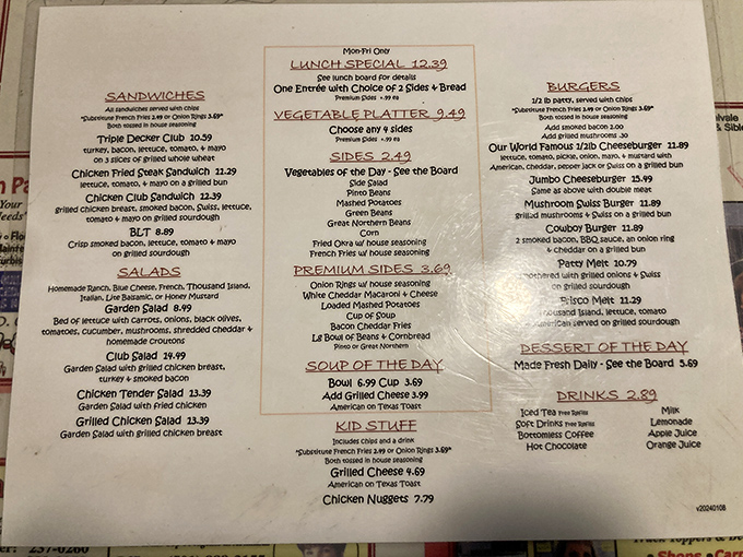 A menu without pretense or QR codes. When the "Premium Sides" section exists, you know you're in a place that respects proper portion sizes.