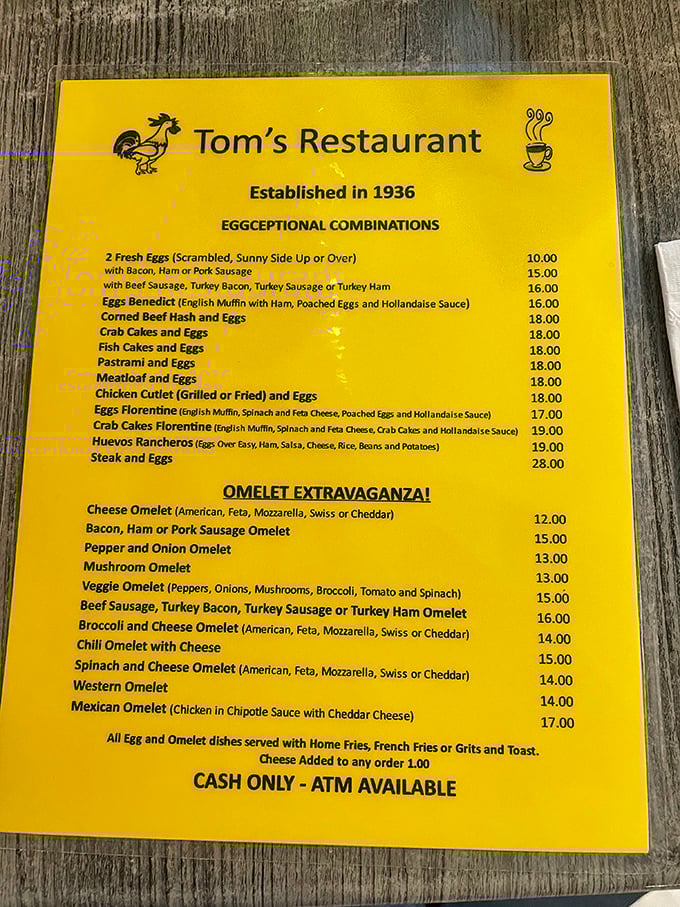 Tom's "Eggceptional Combinations" menu reads like poetry to the breakfast-obsessed. Notice the rooster logo—he knows what time you should be eating.