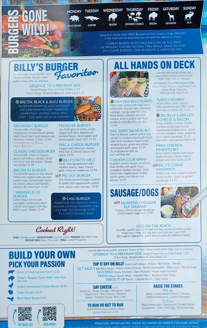 The "Burgers Gone Wild" menu isn't kidding &ndash; Monday's wild boar and Tuesday's gator patties will revolutionize your burger expectations.