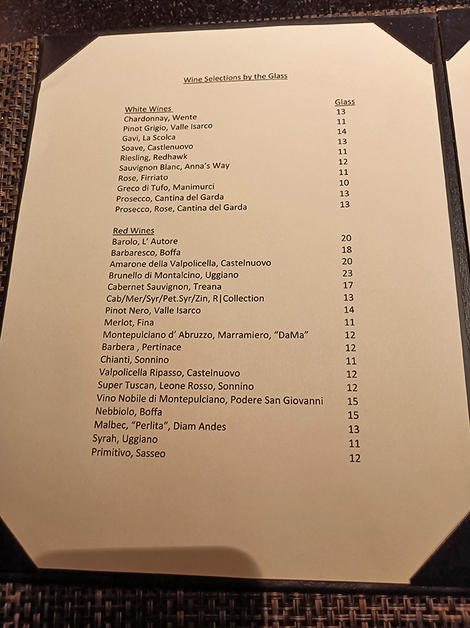 This wine list reads like a love letter to Italy's finest vineyards, with selections that transport you from Piedmont to Sicily without the airfare.