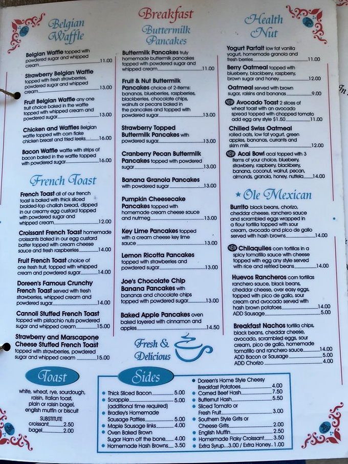 This menu isn't just a list of options—it's a roadmap to happiness. The Key Lime Pancakes alone are worth crossing state lines for.