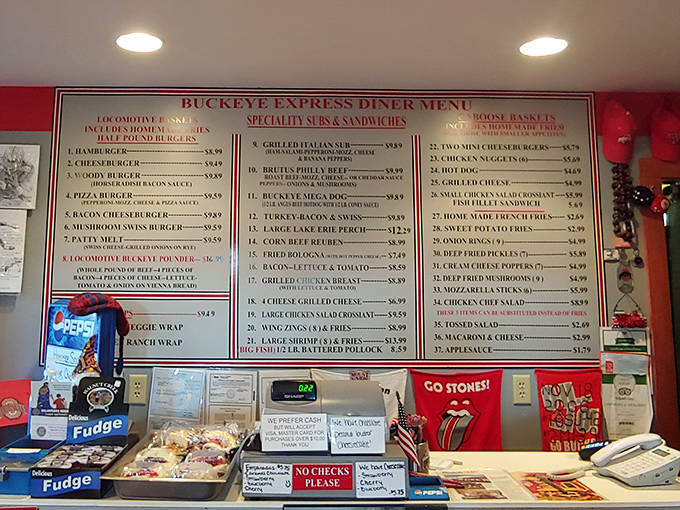 The menu board reads like a love letter to comfort food classics, with enough options to satisfy a trainload of hungry travelers.