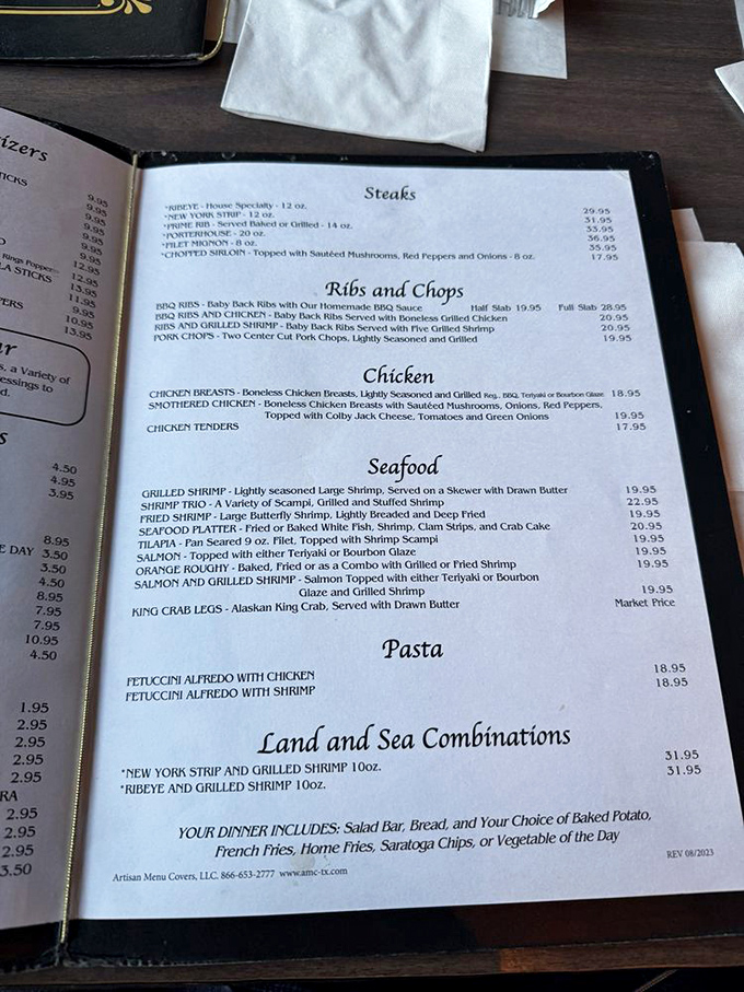 The menu reads like a love letter to carnivores, with steaks taking center stage in this culinary performance.