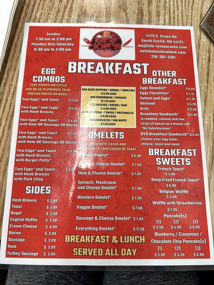 This menu isn't just a list of options&mdash;it's a roadmap to breakfast nirvana with the legendary Eggs Benedict leading the charge.