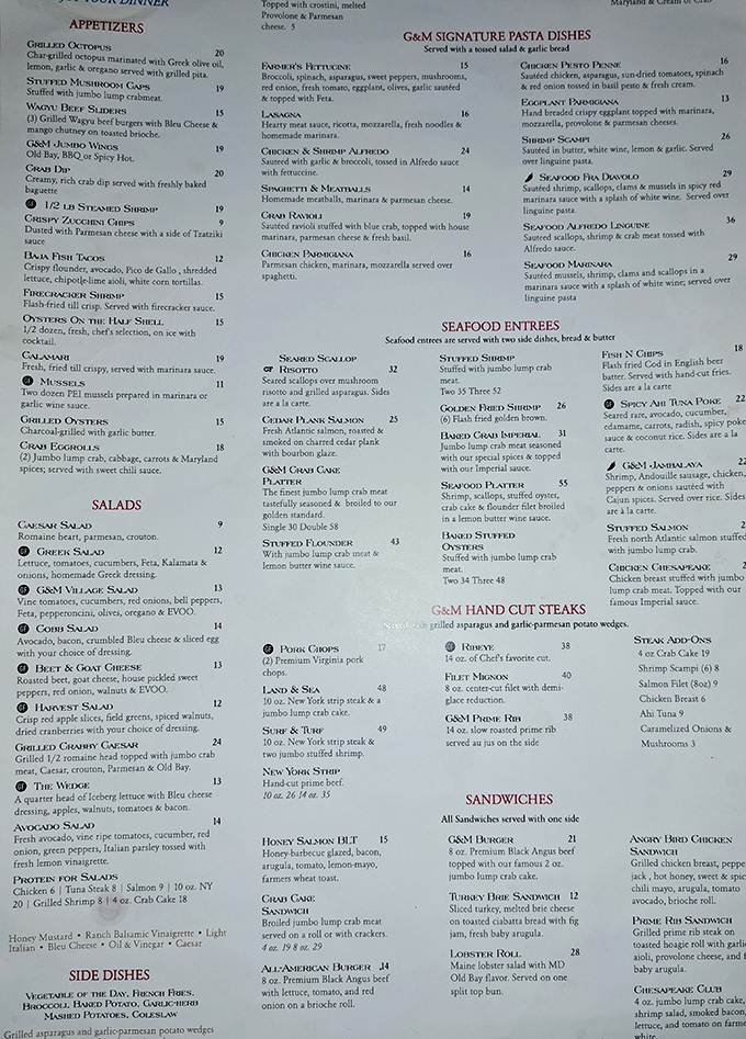 This menu isn't just a list of dishes; it's a love letter to the Chesapeake Bay written in jumbo lump crab meat and Old Bay seasoning.