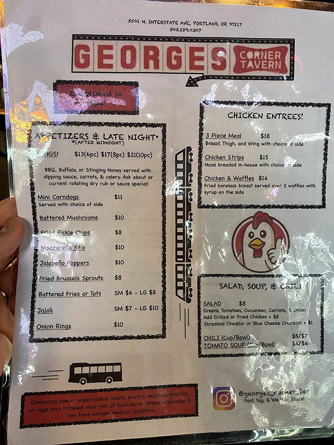 A menu that doesn't need fancy fonts or flowery descriptions. Just honest food that speaks for itself&mdash;with that chicken mascot practically winking at you.