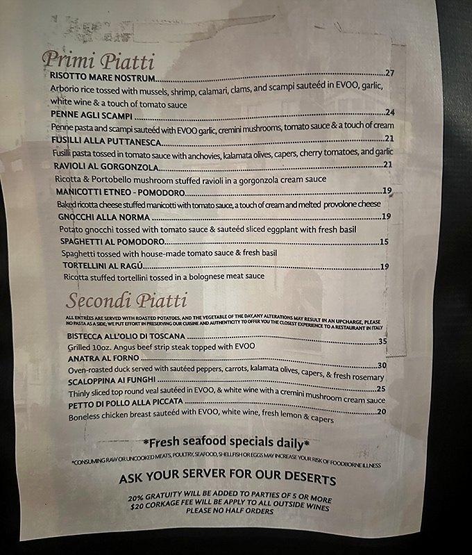 This menu reads like a love letter to Italian cuisine. Each dish description is practically a mini-vacation to the Mediterranean.