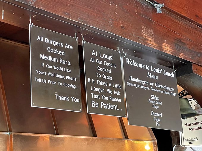 The menu board lays down the law: medium rare is the default, patience is required, and don't even think about asking for ketchup.