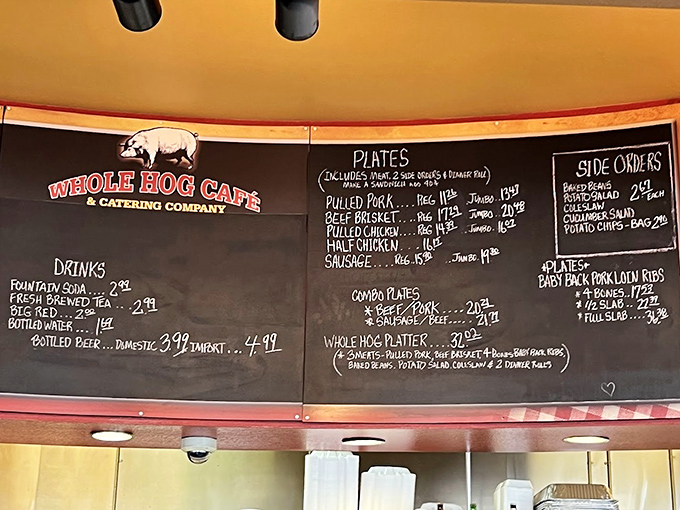 A chalkboard menu that cuts right to the chase: meat, sides, and combinations thereof. No fancy descriptions needed when the food speaks this loudly.