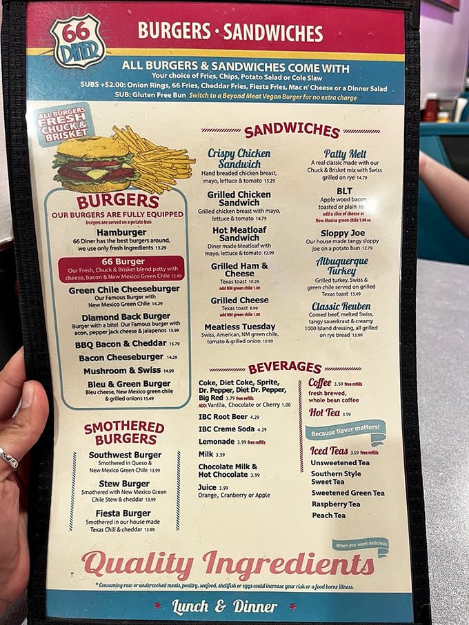 The menu reads like a love letter to American comfort food, with green chile making frequent appearances as New Mexico's signature calling card.