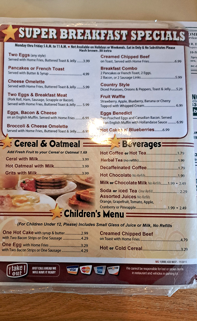 The breakfast specials menu reads like a love letter to morning hunger&mdash;simple, straightforward, and promising satisfaction without fancy culinary jargon.