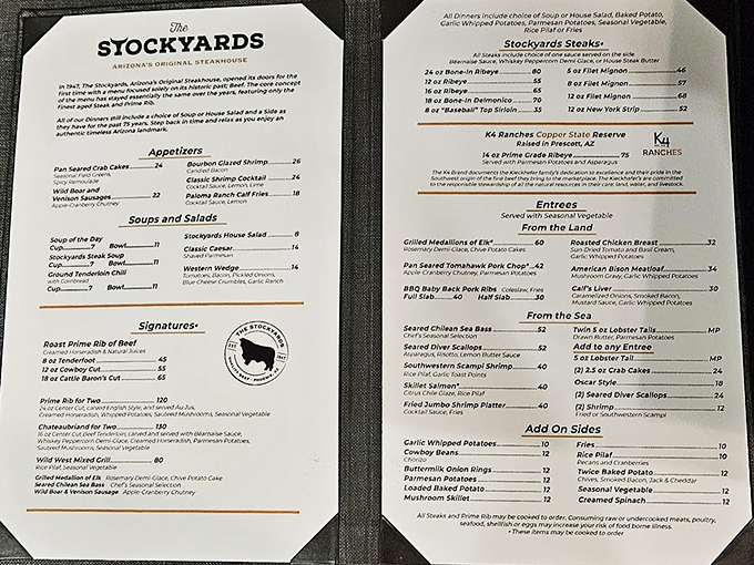 A menu that reads like a love letter to beef enthusiasts. Each item represents decades of culinary tradition that's stood the test of time.