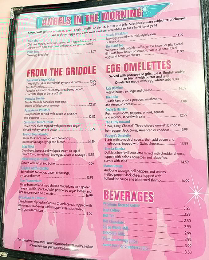 This isn't just a menu&mdash;it's a roadmap to happiness. "Angels in the Morning" breakfast options promise heavenly satisfaction whether you're team sweet or squad savory.