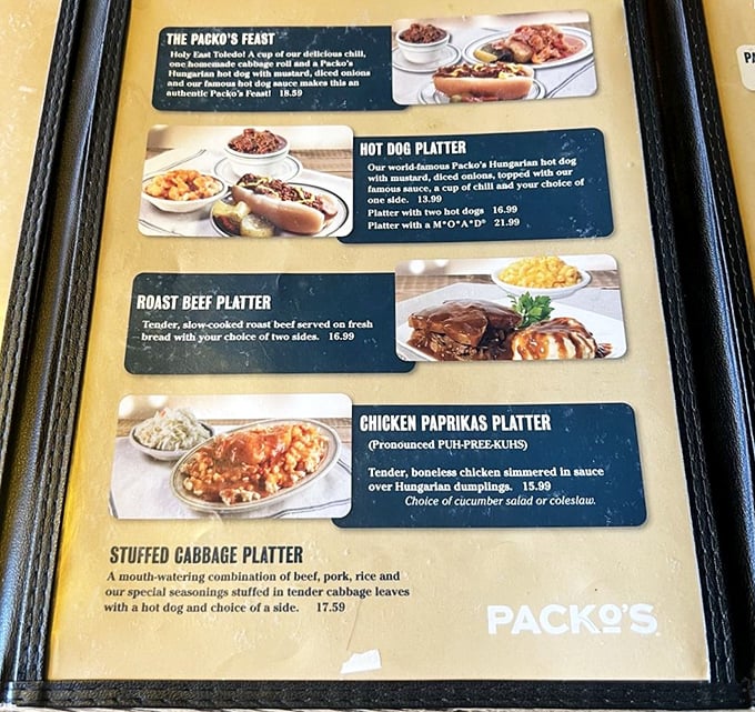 A menu that reads like a love letter to Hungarian-American cuisine. Each description promises a flavor journey worth every calorie.