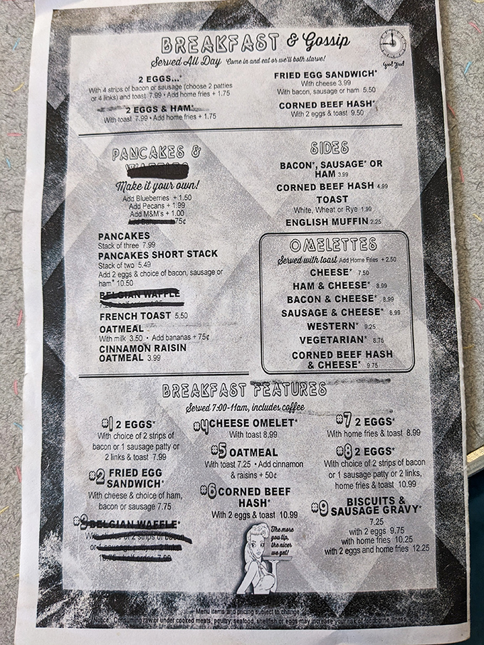 "Breakfast & Gossip served all day." Finally, a menu that acknowledges why we really go out for breakfast.