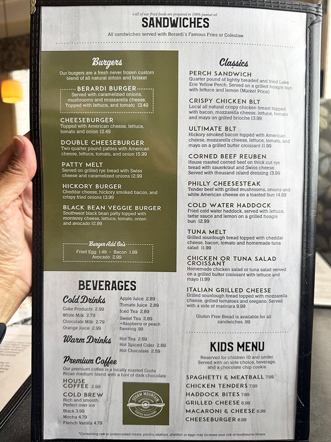 The menu reads like a love letter to comfort food classics, with that famous perch sandwich taking center stage among an impressive supporting cast of hearty options.