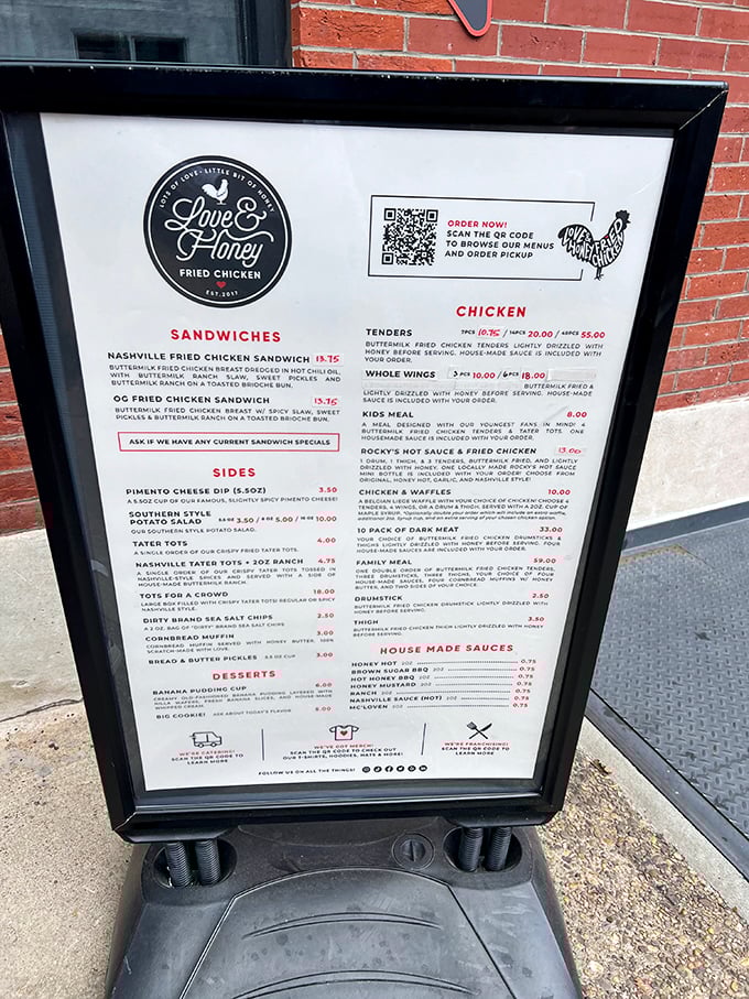 The menu board&mdash;a roadmap to happiness featuring Nashville hot sandwiches, buttermilk fried chicken, and sides that deserve their own fan club.