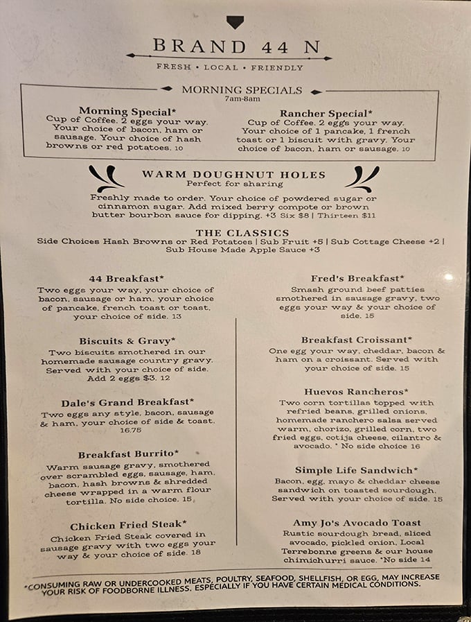 A menu that reads like a love letter to breakfast classics. Each description promises a morning romance that'll have you planning a second date.