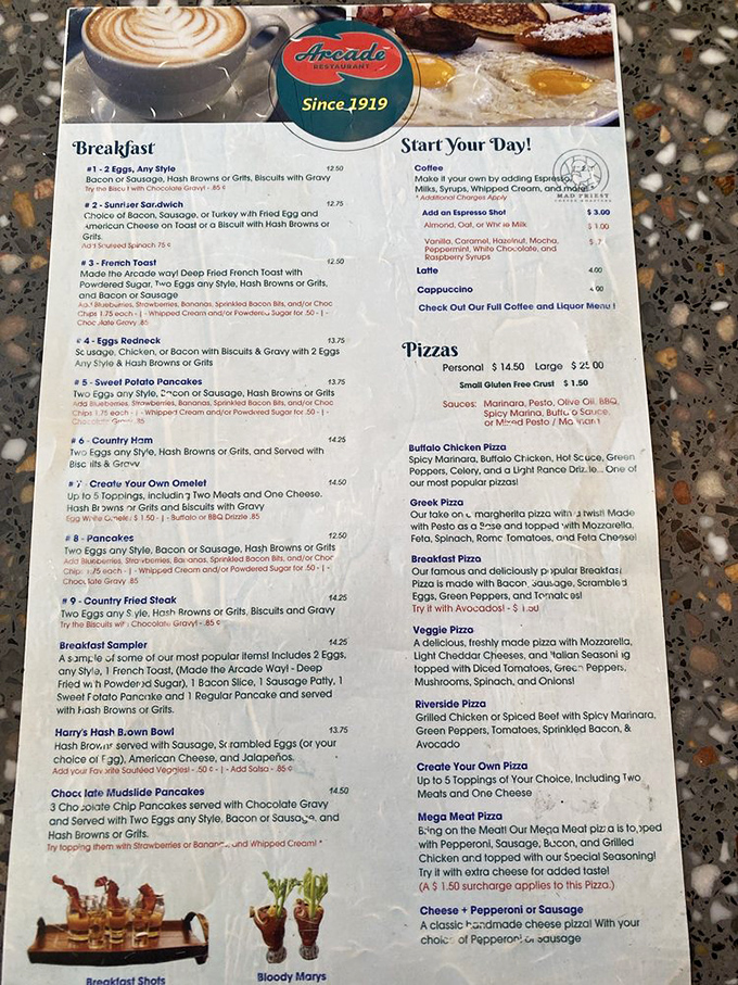 This isn't just a menu&mdash;it's a roadmap to happiness. Sweet potato pancakes and breakfast pizza await the hungry traveler's decision.