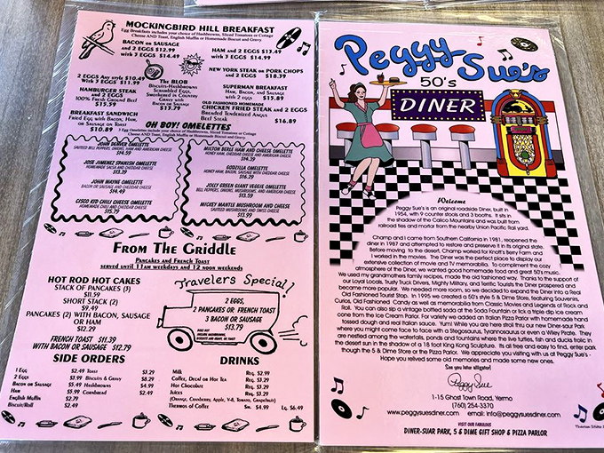 This pink menu isn't just offering food&mdash;it's presenting a historical document of American comfort cuisine, complete with cartoon waitress approval.