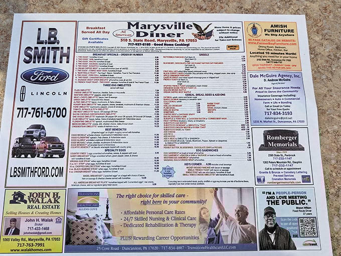 The menu tells the real story—extensive options printed on paper placemats surrounded by local business ads. This isn't Instagram food; this is "I'm actually hungry" food.
