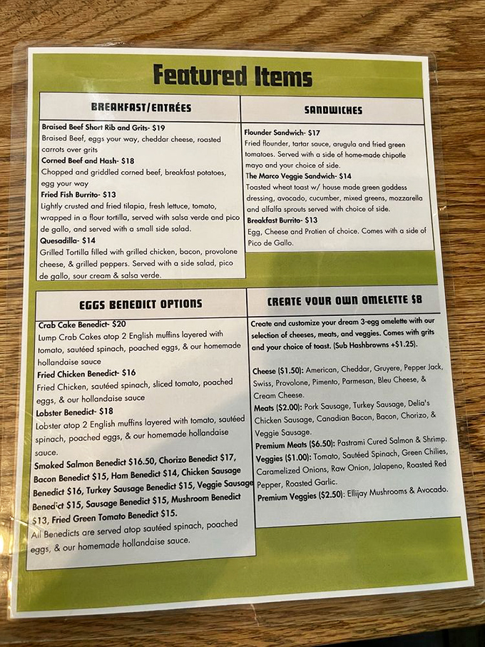 The menu reads like a love letter to breakfast classics, with Benedict options that could make even the most dedicated morning-skipper set an alarm.