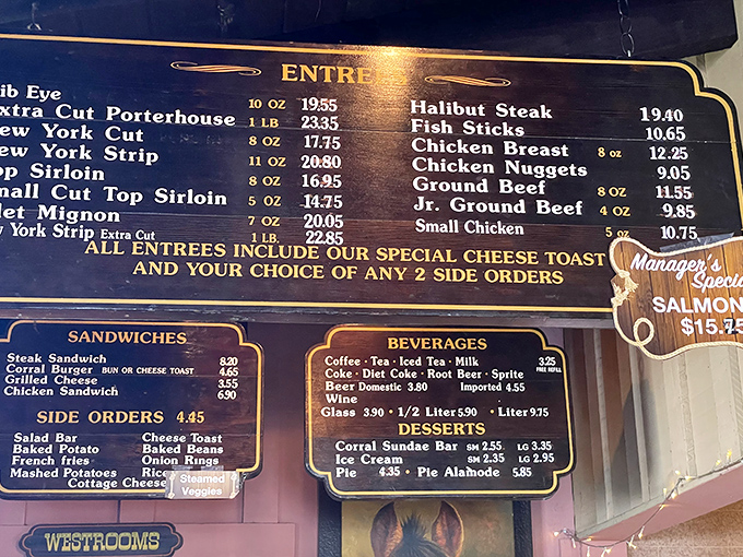 The menu board tells the whole delicious story – ribeyes, porterhouses, and that legendary cheese toast that's worth the trip alone.