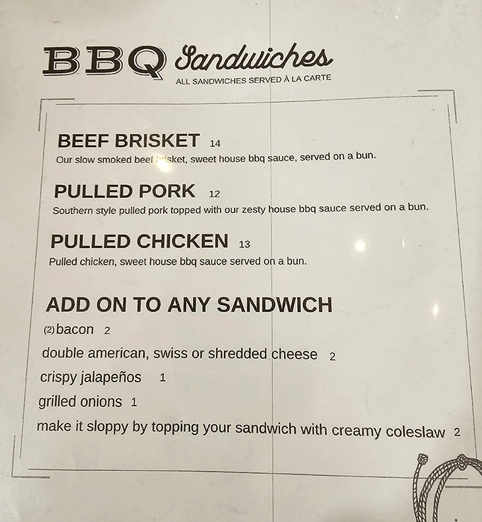 The menu speaks a language barbecue lovers understand: slow-smoked meats with house sauces. Add-ons like crispy jalape&ntilde;os prove that customization is an art form.