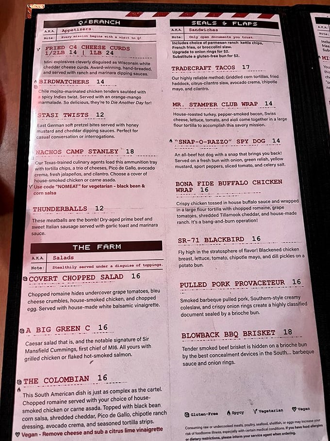 The menu reads like classified intelligence files, with dishes code-named "Thunderballs" and "Stasi Twists." Your taste buds have clearance to enjoy.