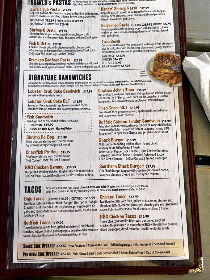 Decisions, decisions! The menu reads like a love letter to Gulf Coast cuisine, with each option more tempting than the last.