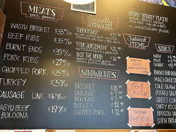 The chalkboard menu reads like poetry to carnivores. Wagyu brisket and burnt ends are the headliners in this meaty masterpiece.