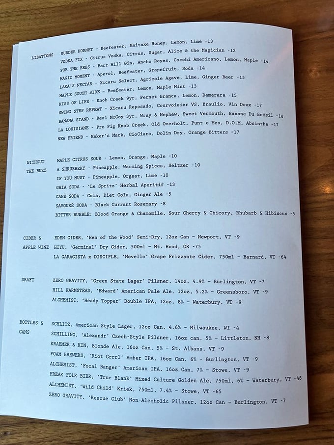 The drink menu reads like a love letter to Vermont's craft beverage scene, with clever names that promise liquid adventures.