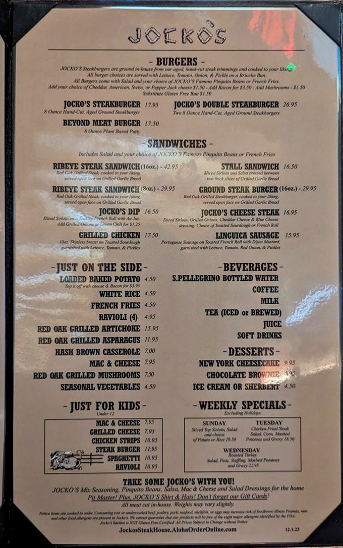 A menu that reads like a carnivore's dream journal. No molecular gastronomy or deconstructed anything—just straightforward deliciousness that hasn't needed updating for decades.