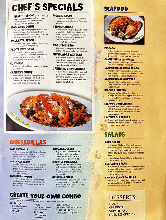 A menu that reads like a love letter to Mexican cuisine. The seafood section alone could make a landlocked Ohioan feel coastal.