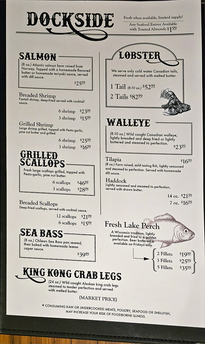 The seafood menu reads like a love letter to Wisconsin supper club traditions &ndash; where else can you find King Kong crab legs and Friday perch in perfect harmony?