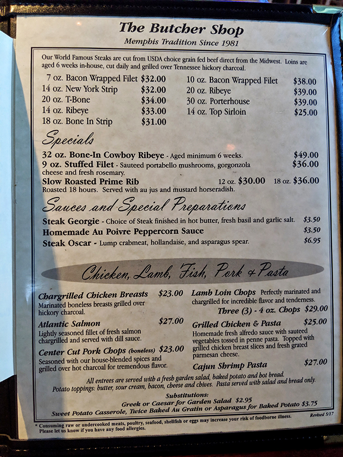 The menu reads like poetry to meat lovers. Each line represents not just food, but a commitment to carnivorous excellence.