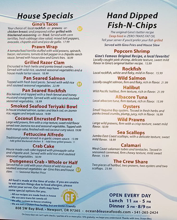 A menu that reads like Neptune's grocery list &ndash; everything from Gino's famous tacos to wild Pacific prawns.