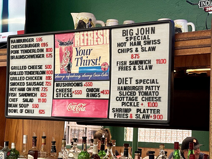 The menu board speaks fluent comfort food &ndash; no translation needed when burgers and onion rings are the universal language.