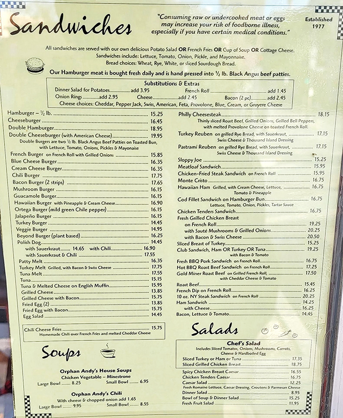 A menu that reads like a love letter to American comfort food, with portions that would make your grandmother proud.