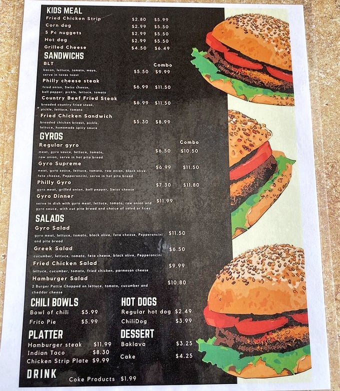 The menu board tells a story of American classics meeting Mediterranean favorites, all at prices that won't require a loan officer.