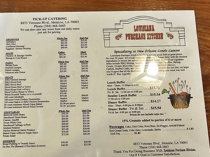 The menu reads like a love letter to Louisiana, with prices that won't require a second mortgage.